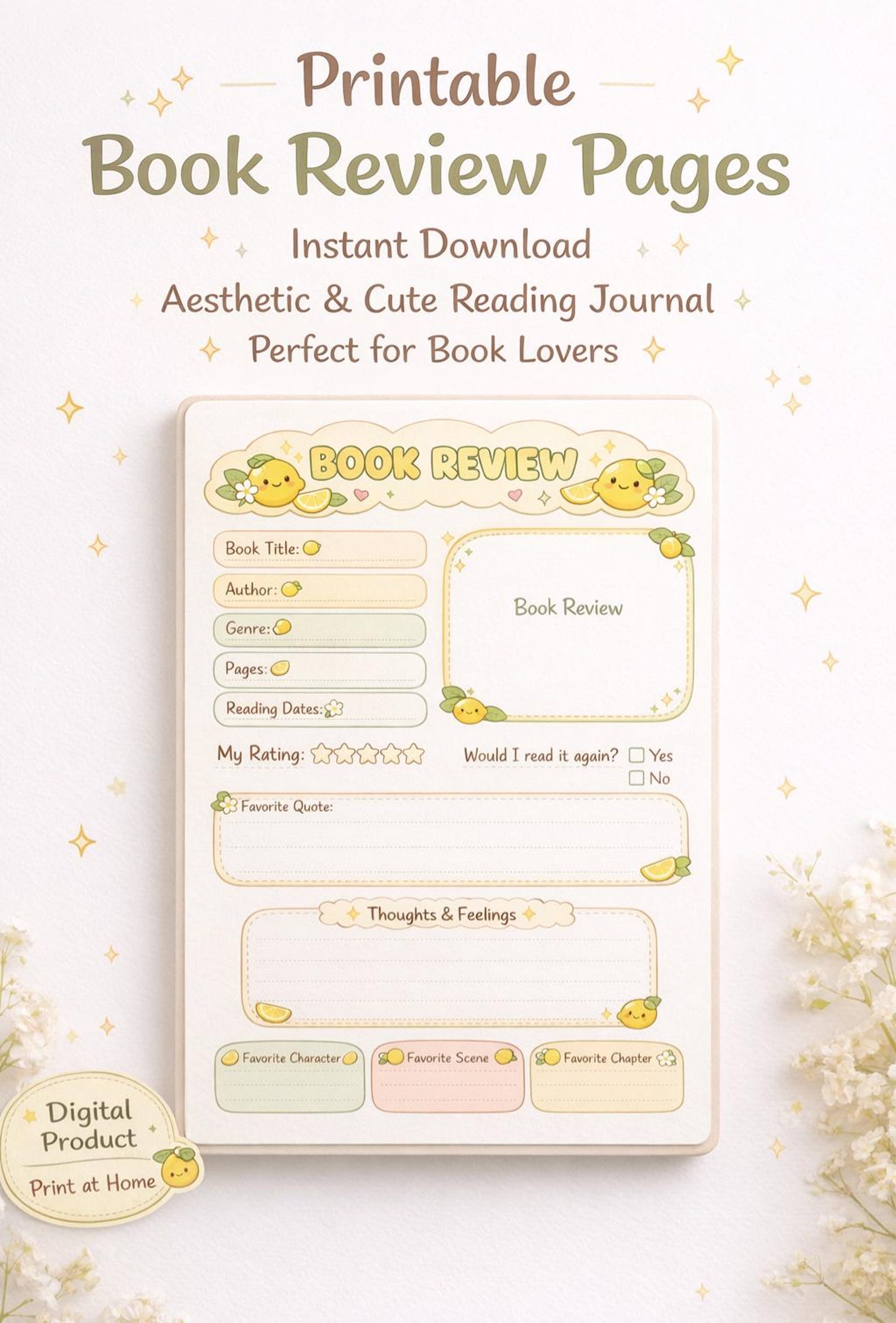 Lemon Book Review Printable | Cute Aesthetic Reading Journal Page ...