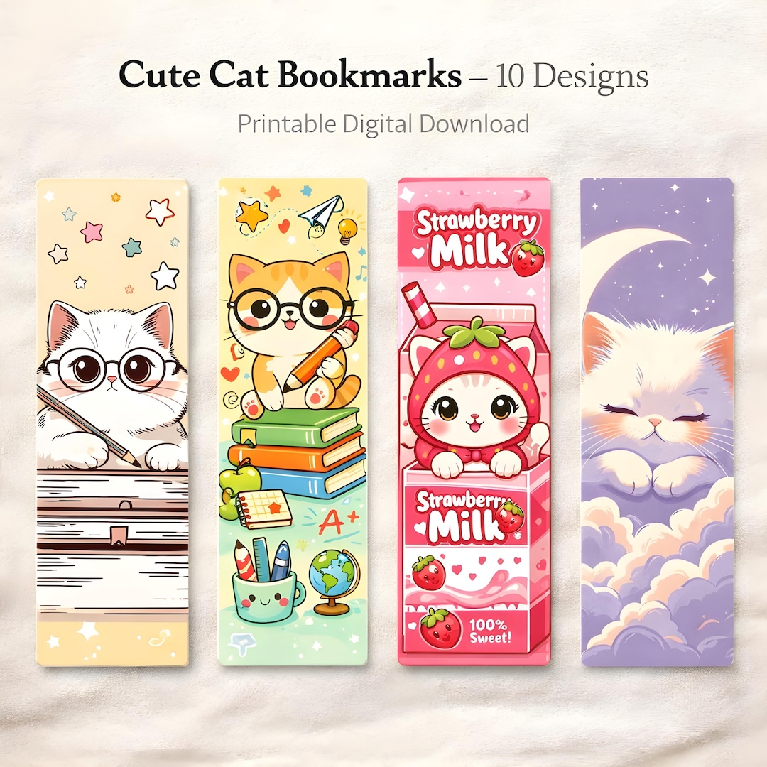 Kawaii Cat Bookmarks Set | 10 Cute Cat Bookmarks Printable | Cozy ...