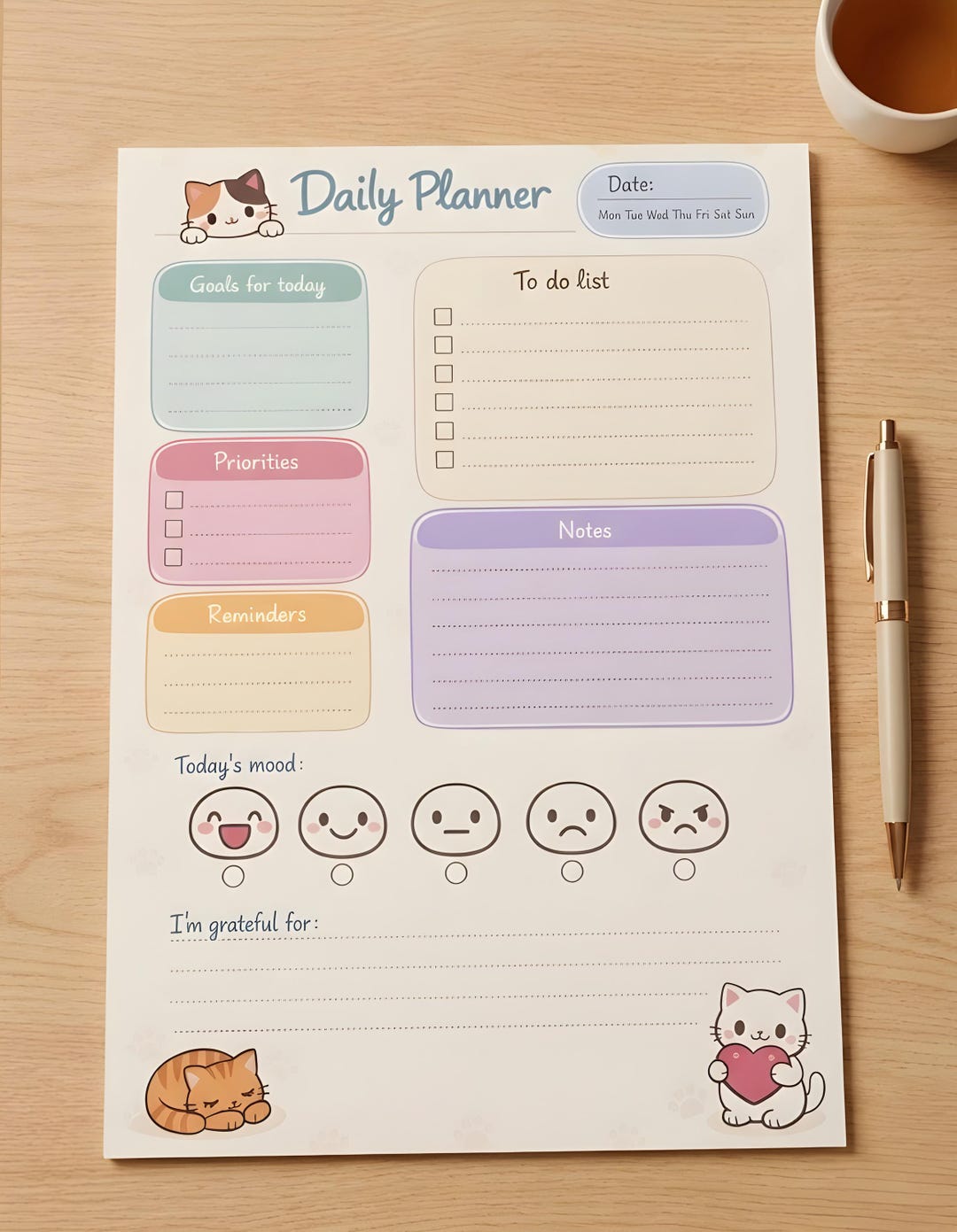 Cute Cat Daily Planner Printable | Single Page Daily Planner | Kawaii ...
