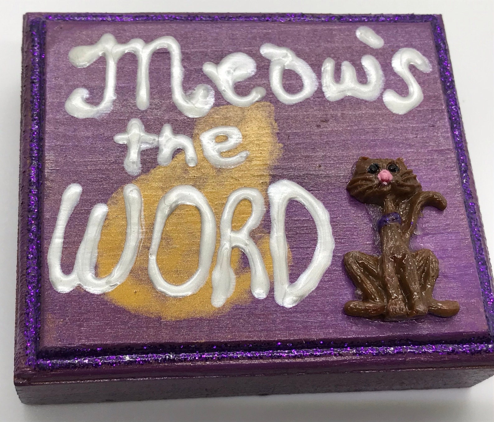 Meow's the Word-- Hand Painted Wooden Sign Featuring Polymer Clay Cat ...