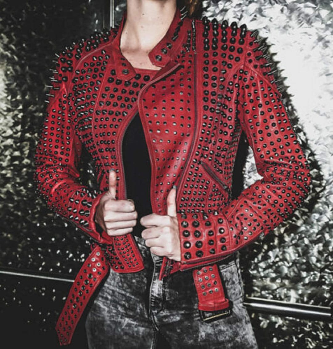 Red Studded Leather Jacket Punk Rock Biker Spiked Motorcycle Fashion ...