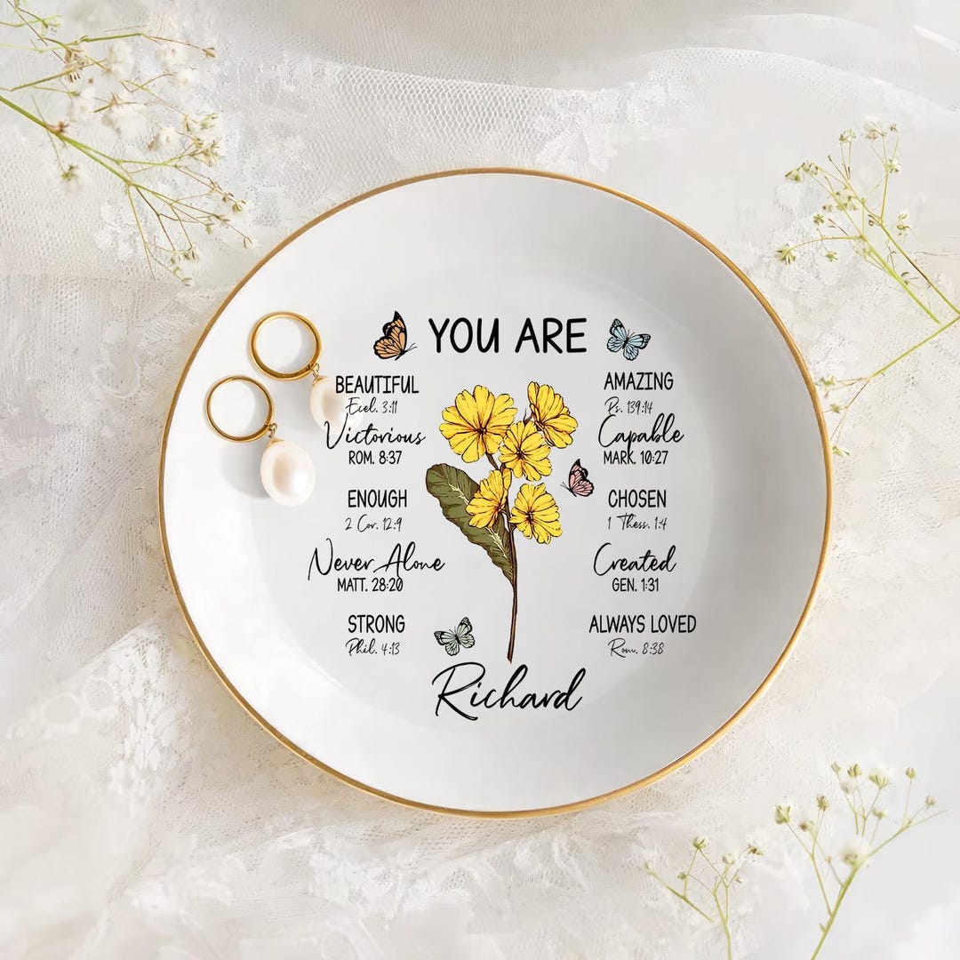 Personalized Bible Verse Jewelry Dish, Custom Name Floral Plate, Faith ...