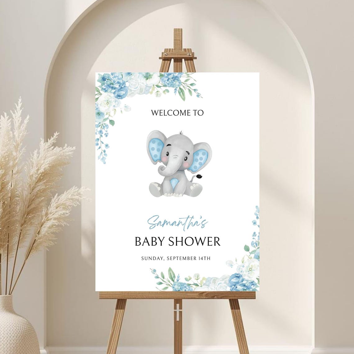 Editable Elephant Baby Shower Welcome Sign, Blue Floral Elephant ...