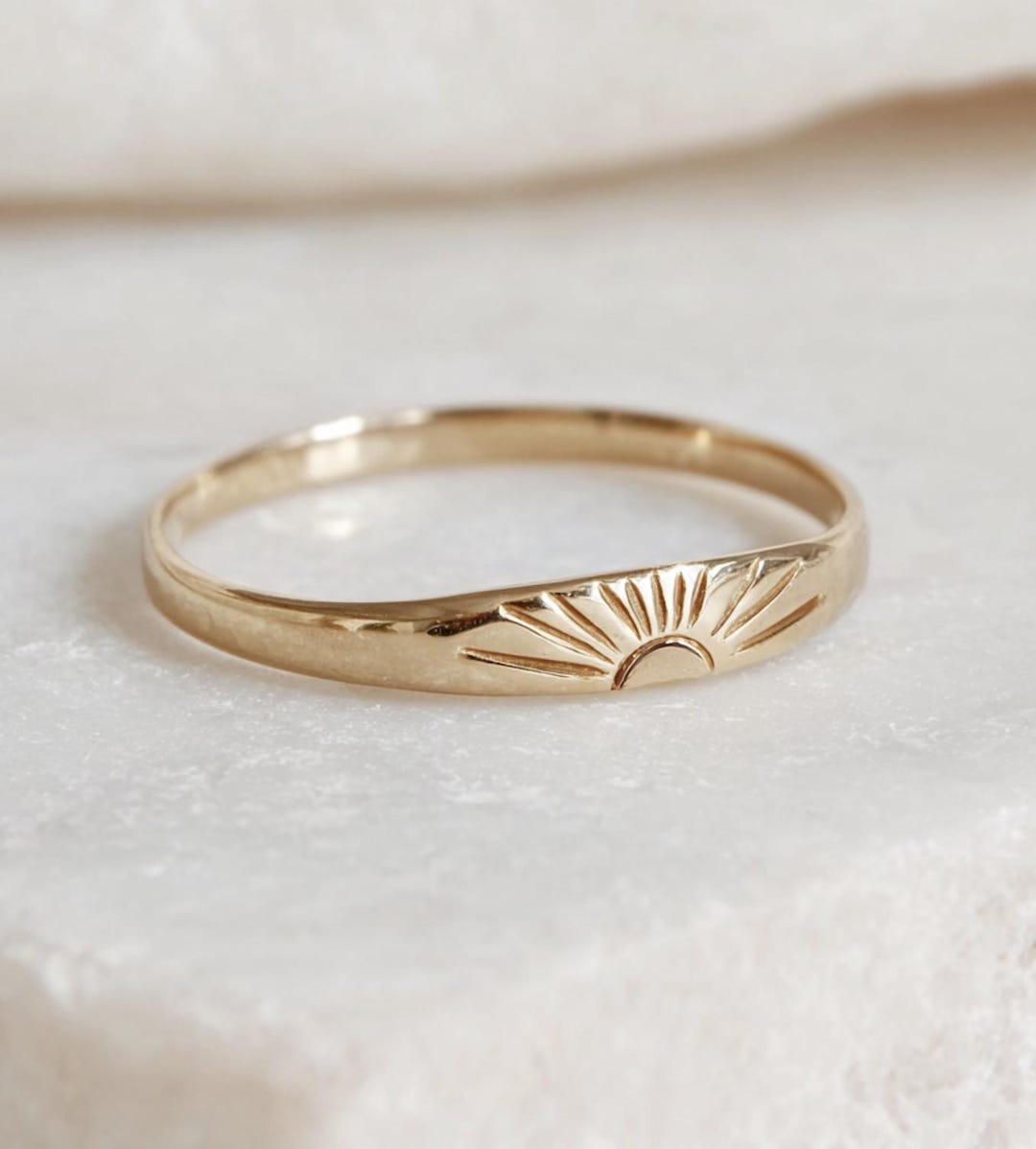14K Solid Gold Sun Ring, Engraved Sunrise Dainty Stacking Minimalist ...