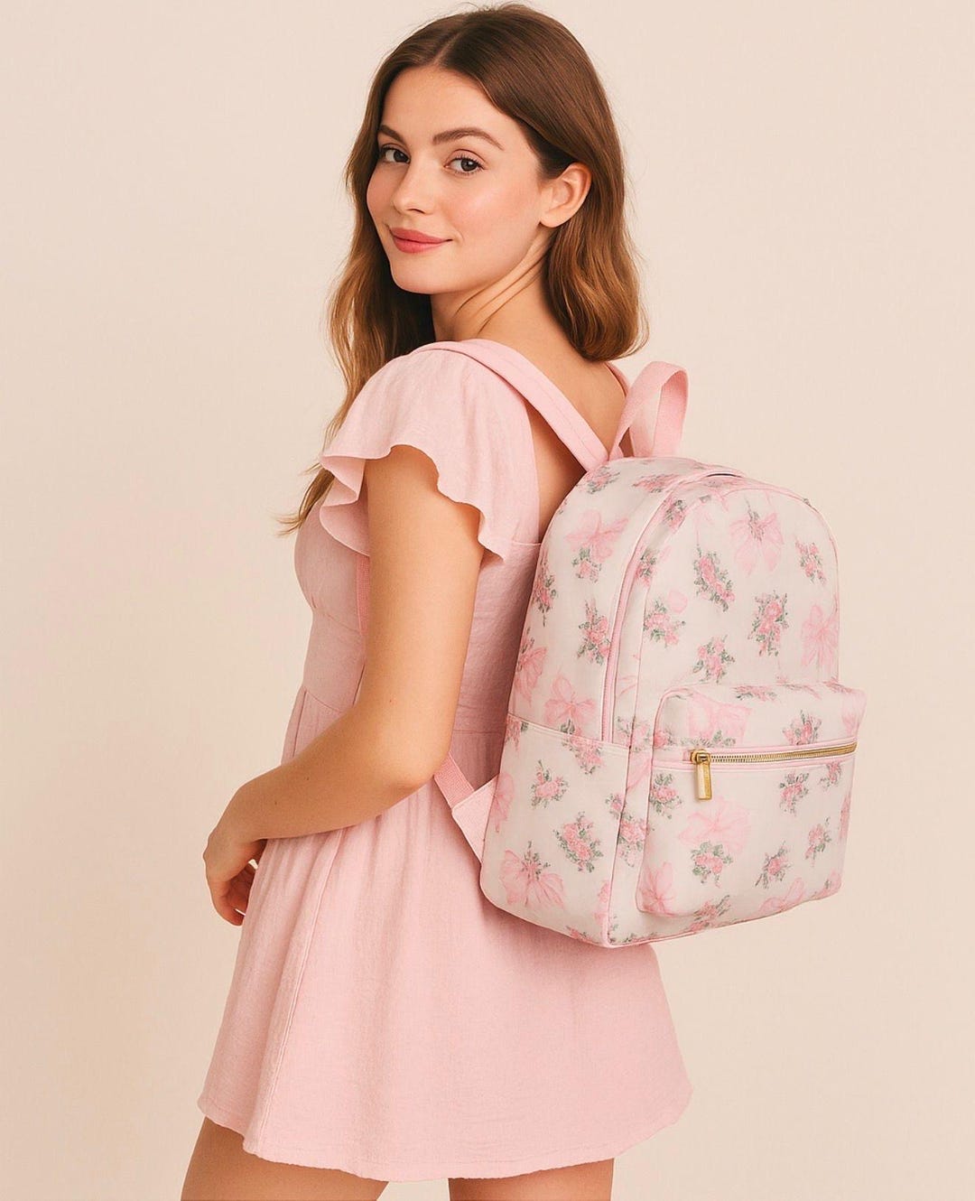 Pink Floral Bow Backpack – Coquette Bookbag – Loveshackfancy Inspired ...