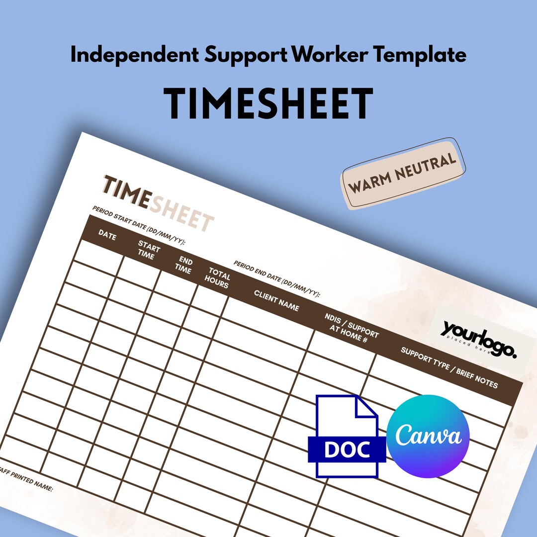 Timesheet NDIS Aged Care. Independent Support Worker Template (digital ...
