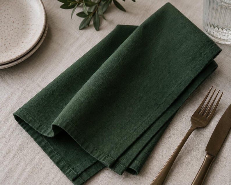 Forest Green Cotton Dinner Napkins, Reusable Farmhouse Table Linen Set ...