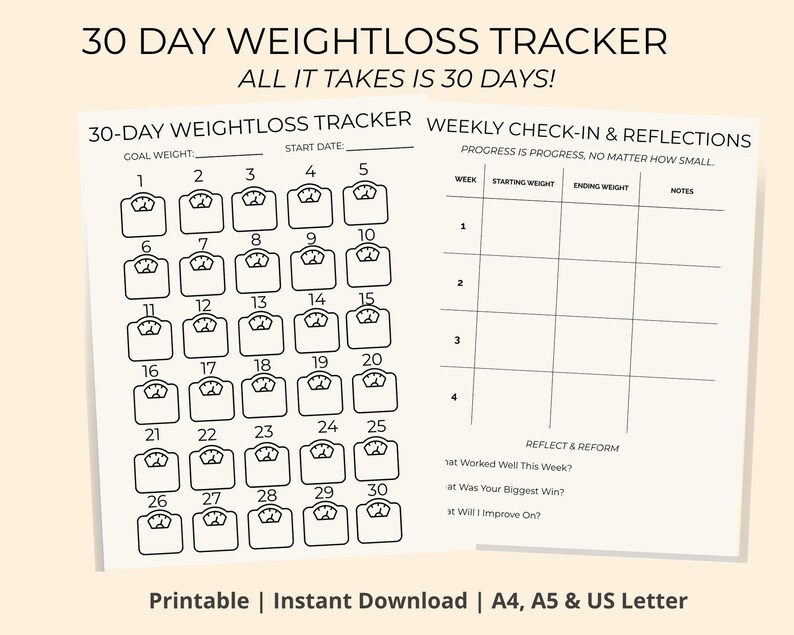 30-day Weight Loss Tracker Printable | Daily Fitness & Progress Log PDF ...