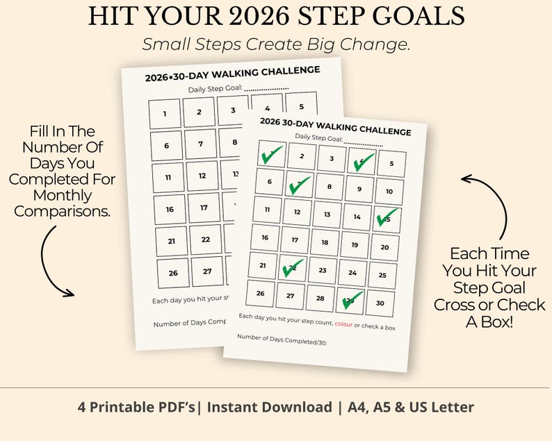 2026 30-day Walking Challenge Tracker | New Year Fitness Printable ...