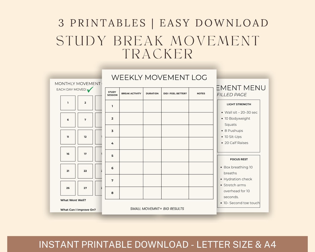 Study Break Movement Tracker Printable | Student Focus and Stretch ...