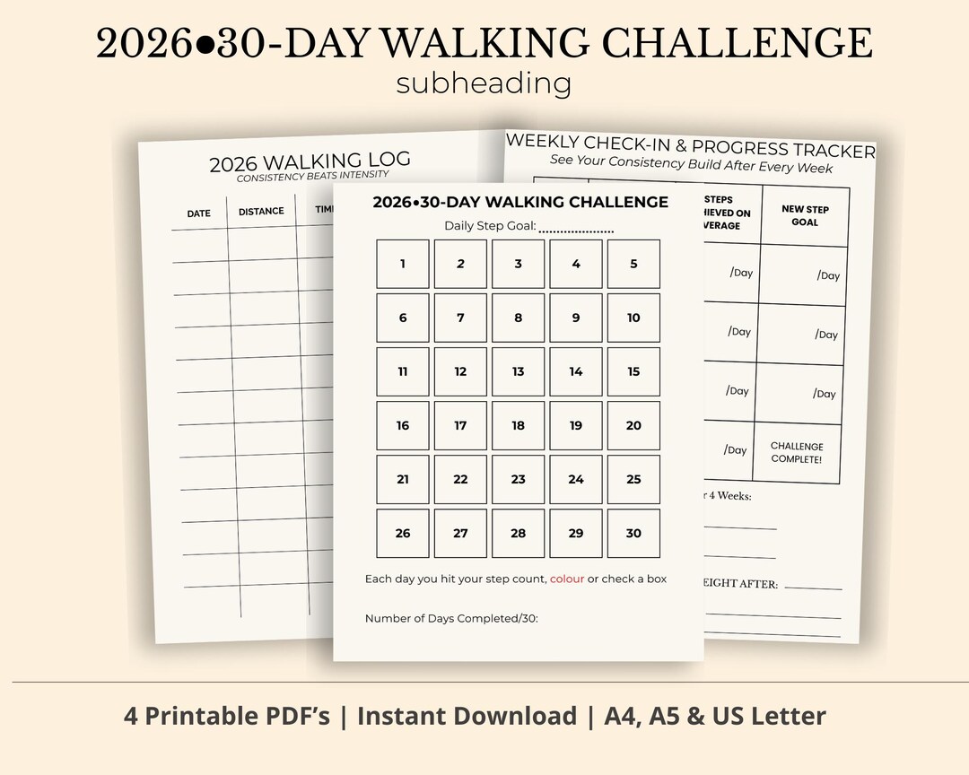 2026 30-day Walking Challenge Tracker | New Year Fitness Printable ...