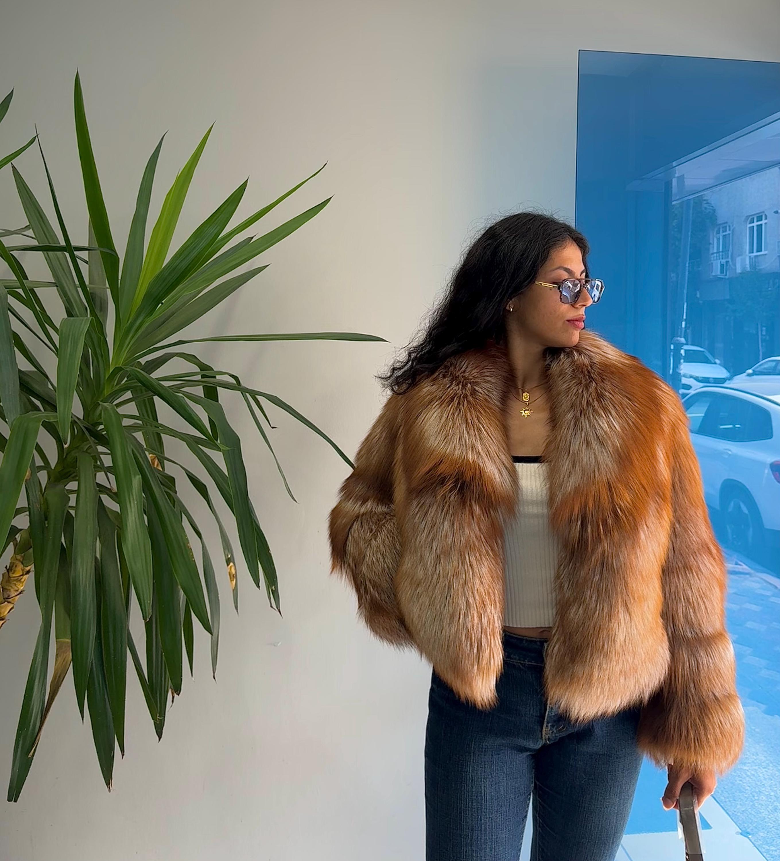 Handmade Cropped Red Fox Fur Jacket - Natural Copper Luxury Coat ...