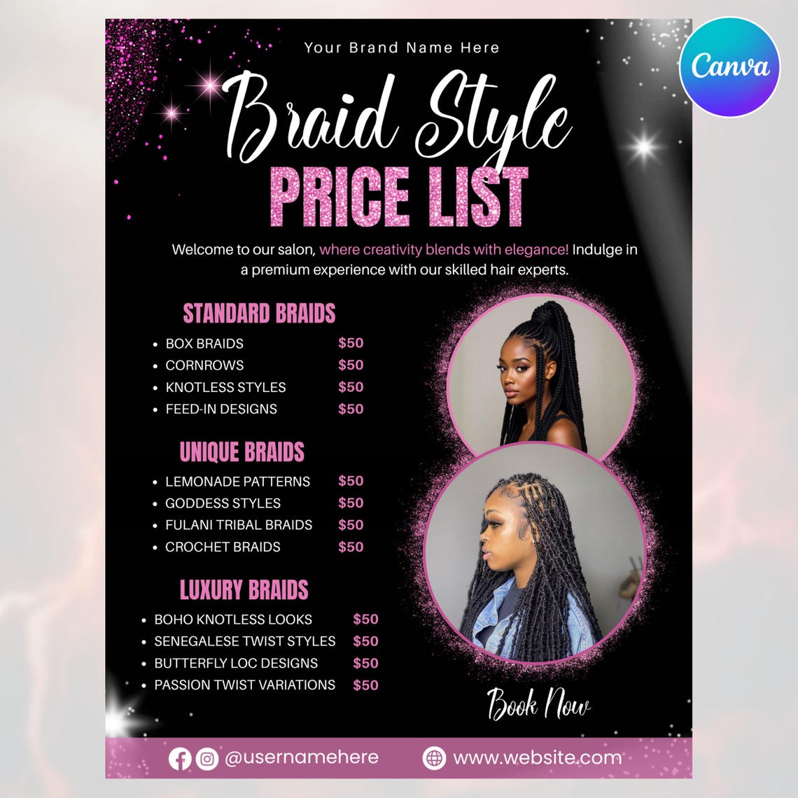 Braids Pricelist, Braids Price List Flyer, Knotless Braids Flyer ...