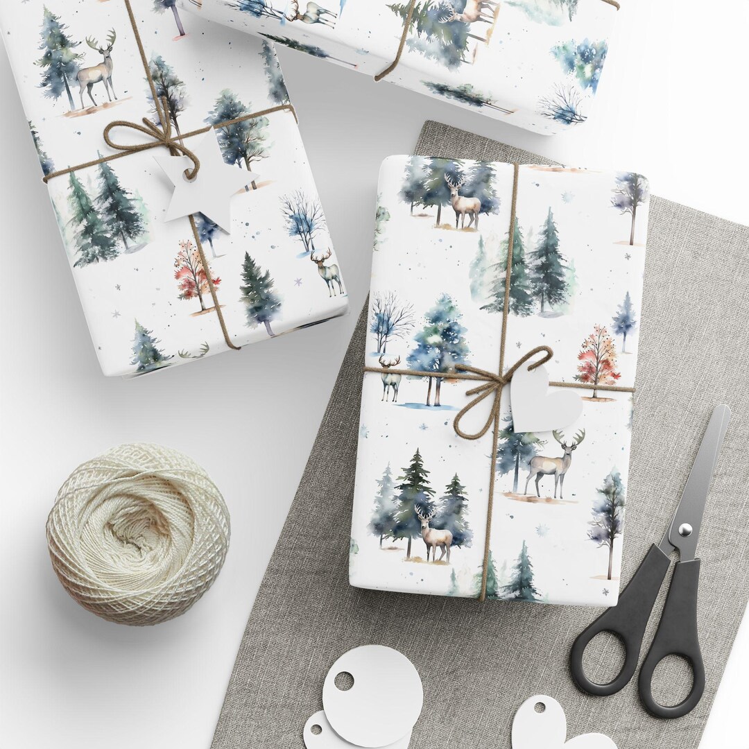 Rustic Forest Wrapping Paper, Winter Gift Wrap With Reindeer & Fir ...