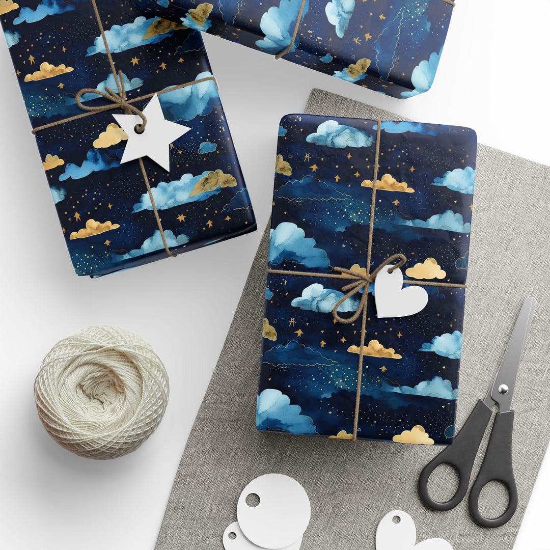 Celestial Wrapping Paper - Clouds & Stars Gift Wrap, Dark Blue ...