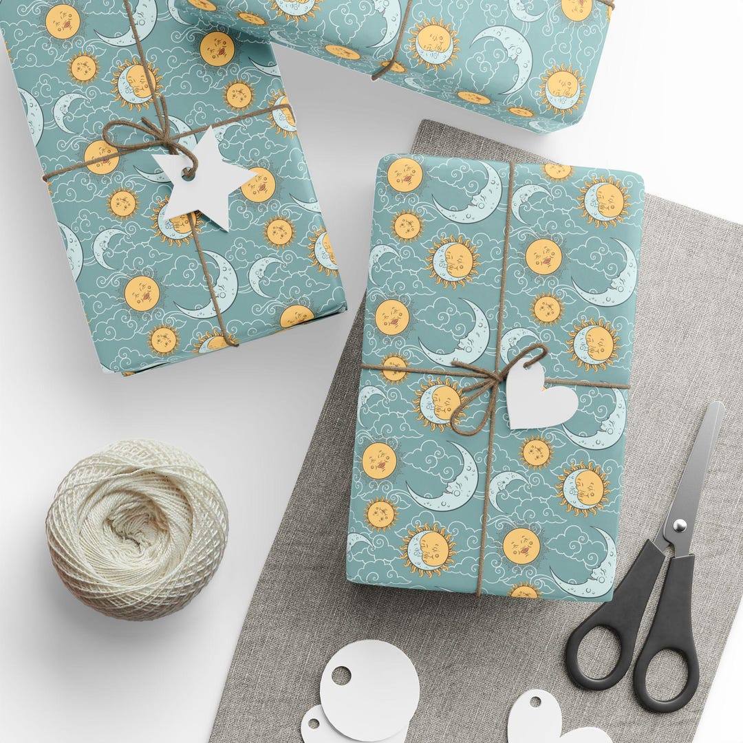 Celestial Wrapping Paper Sun & Moon Gift Wrap Whimsical Boho Design Eco ...