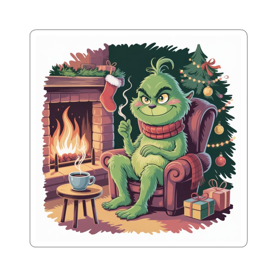 Grinch Sitting by Fireplace Kiss-cut Stickers | Holiday Cartoon Sticker ...