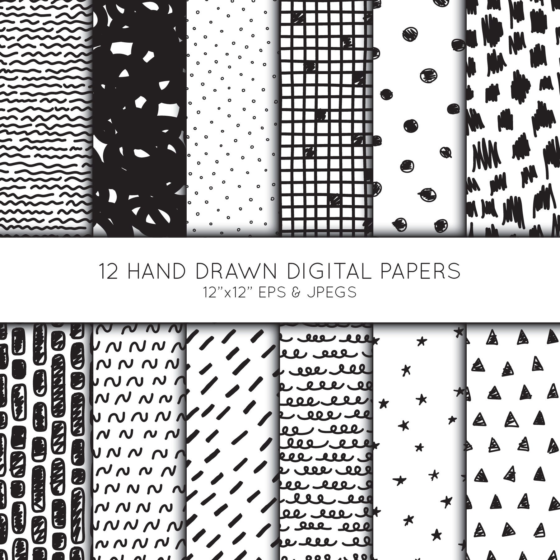 Hand Drawn Scrapbook Paper, Doodle Digital Paper, Black and White ...