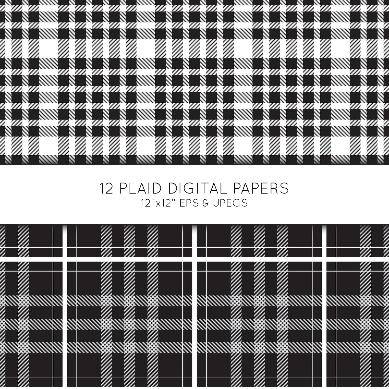 Plaid Digital Paper, Buffalo Plaid Scrapbook Paper, Black and White ...