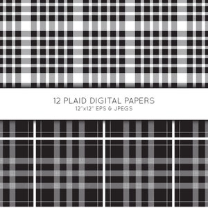 Plaid Digital Paper, Buffalo Plaid Scrapbook Paper, Black and White ...