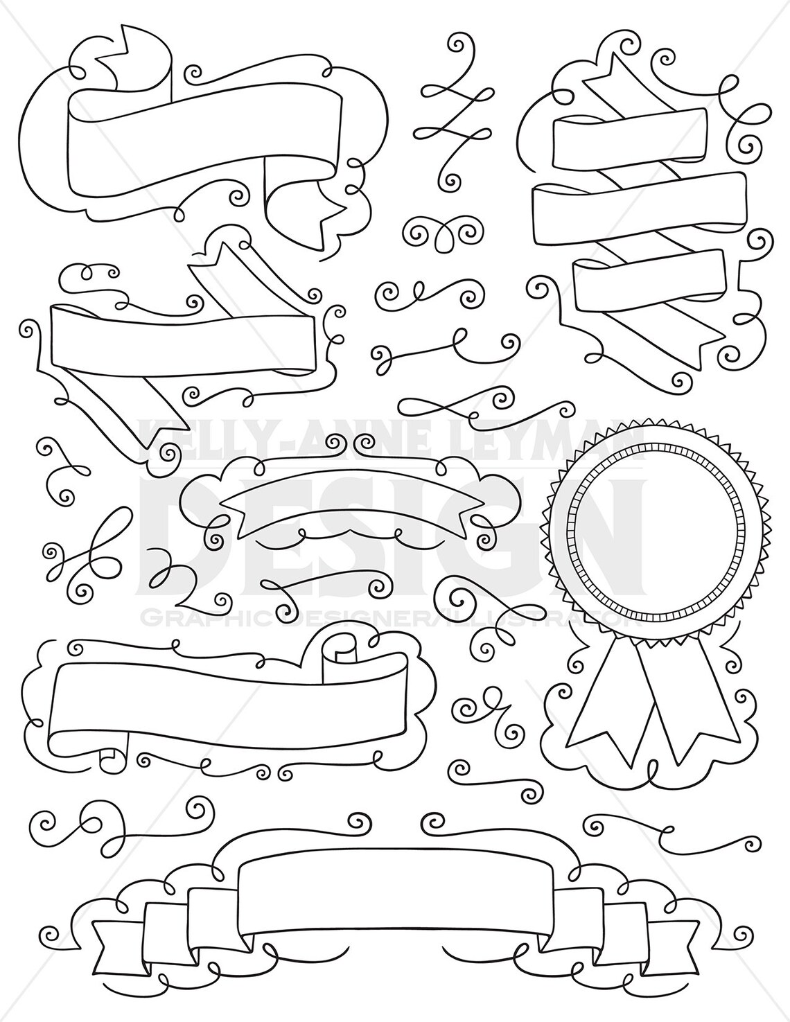 Doodle Digital Ribbons Clipart Labels Clip Art Set Hand - Etsy