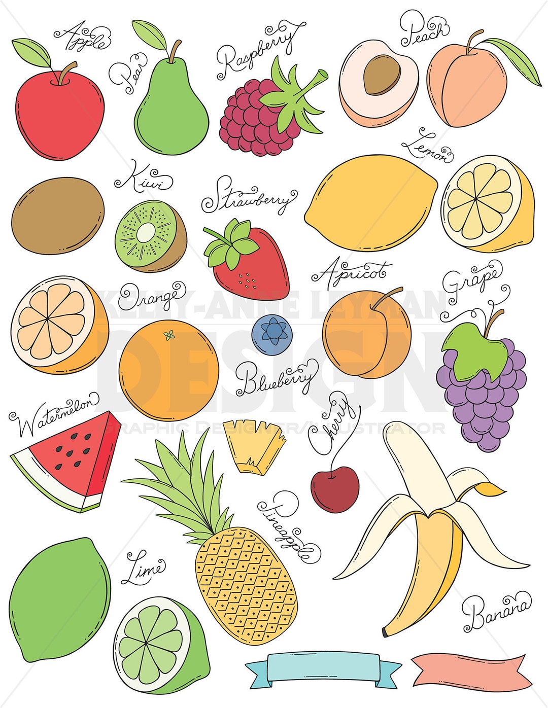 Doodle Fruit Clip Art Set, Hand Drawn Food Clipart, Commercial Use ...