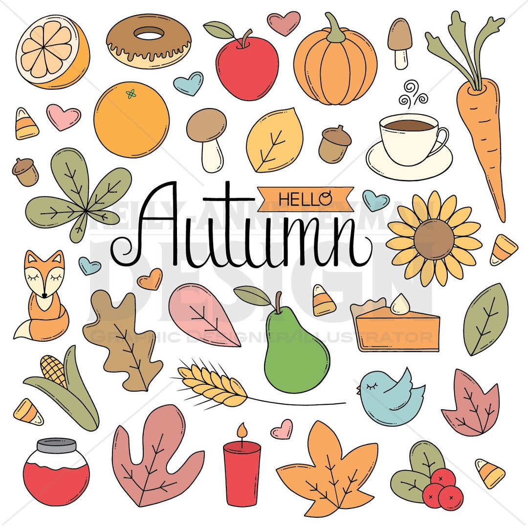 Autumn Doodle Objects, Hand Drawn Clip Art Set, Trendy Retro Clipart ...