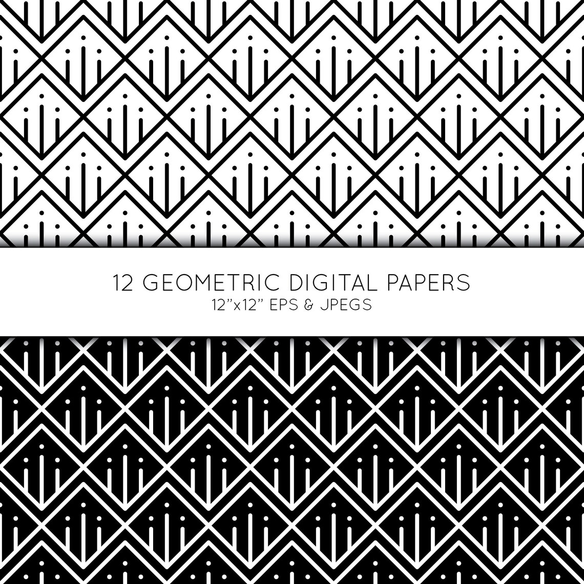 Geometric Digital Paper, Geometric Scrapbook Paper, Black and White ...