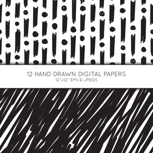 Hand Drawn Scrapbook Paper, Doodle Digital Paper, Black & White ...
