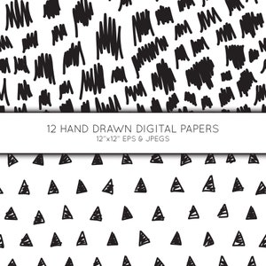 Hand Drawn Scrapbook Paper, Doodle Digital Paper, Black and White ...