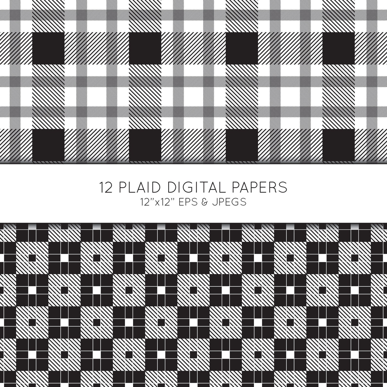 Plaid Digital Paper, Buffalo Plaid Scrapbook Paper, Black and White ...