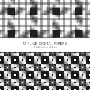 Plaid Digital Paper, Buffalo Plaid Scrapbook Paper, Black and White ...