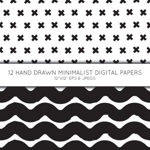 Geometric Digital Paper, Minimalist Scrapbook Paper, Black and White ...