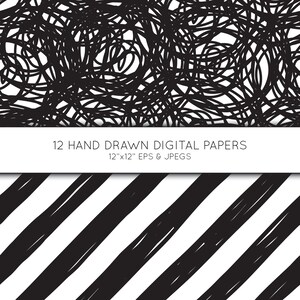 Hand Drawn Scrapbook Paper, Doodle Digital Paper, Black & White ...