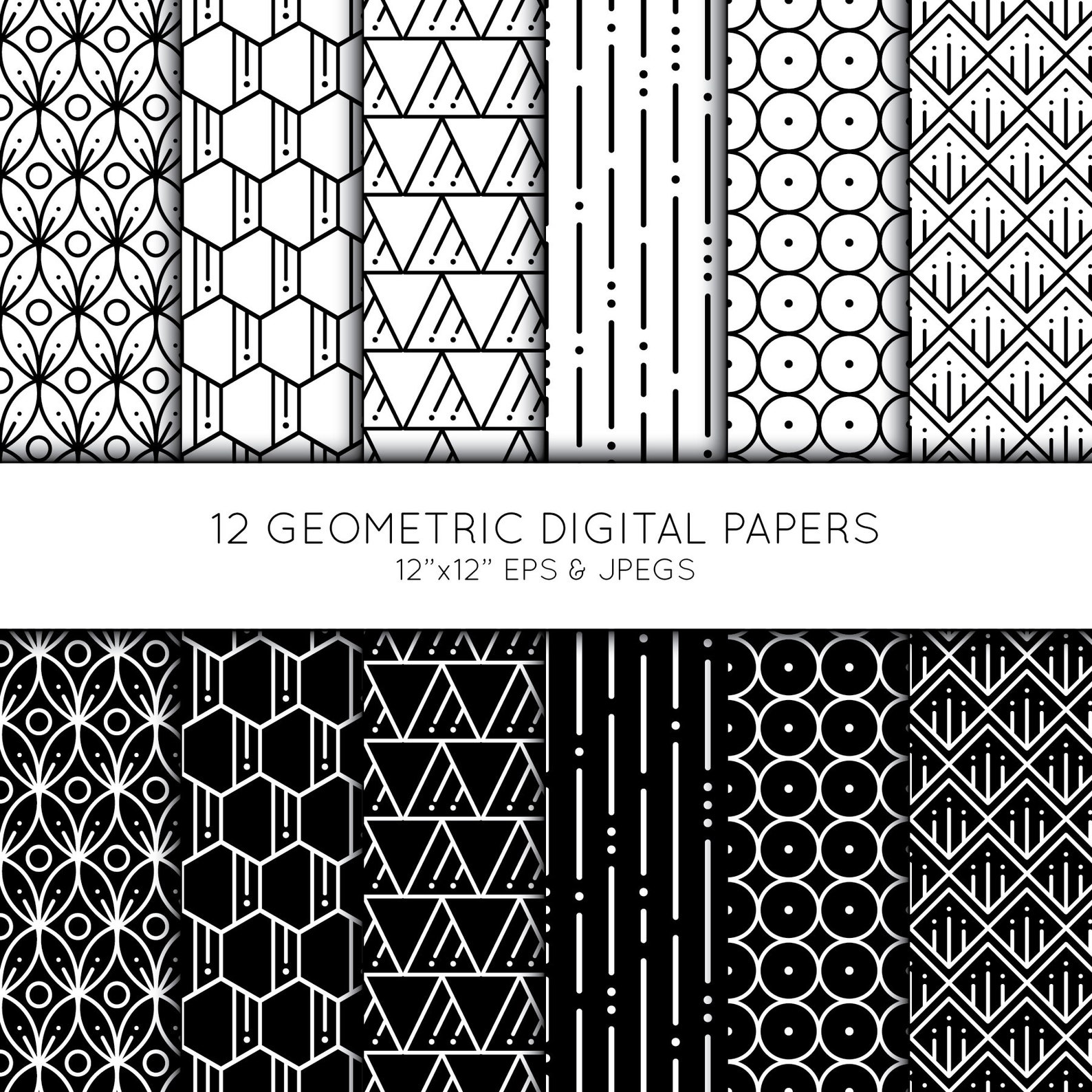 Geometric Digital Paper, Geometric Scrapbook Paper, Black and White ...