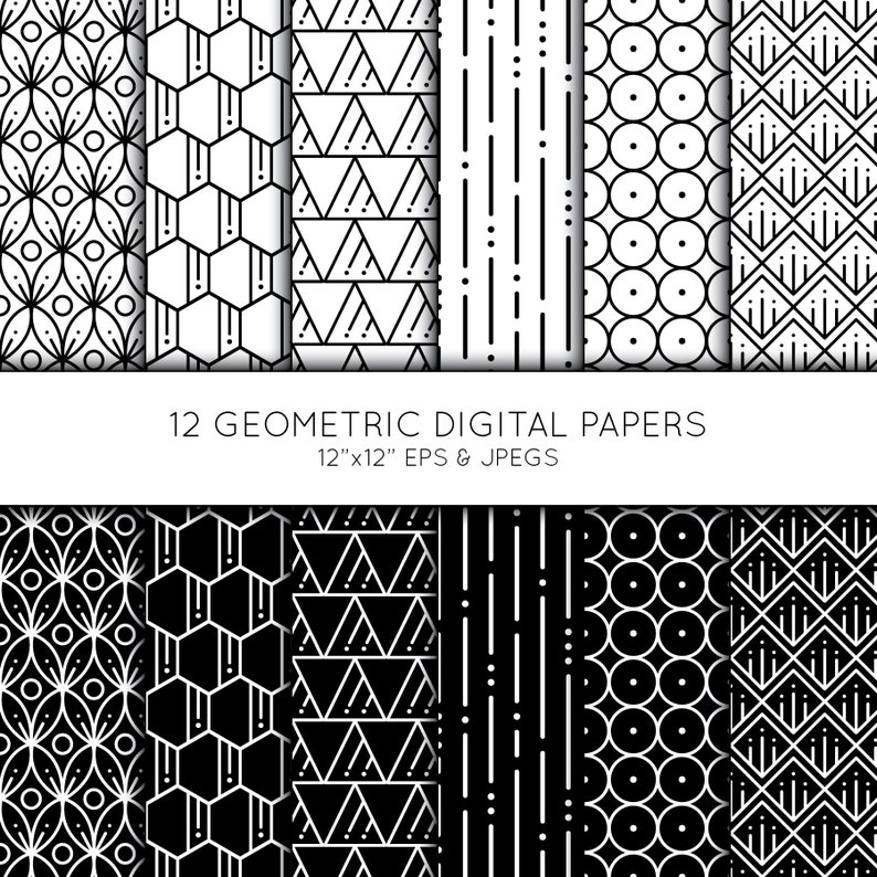 Geometric Digital Paper, Geometric Scrapbook Paper, Black and White ...