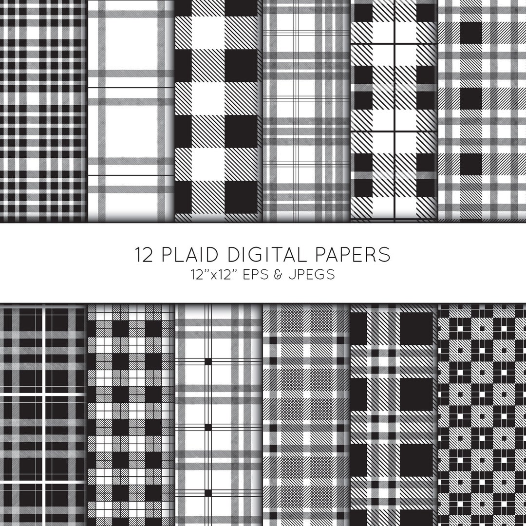 Plaid Digital Paper, Buffalo Plaid Scrapbook Paper, Black and White ...