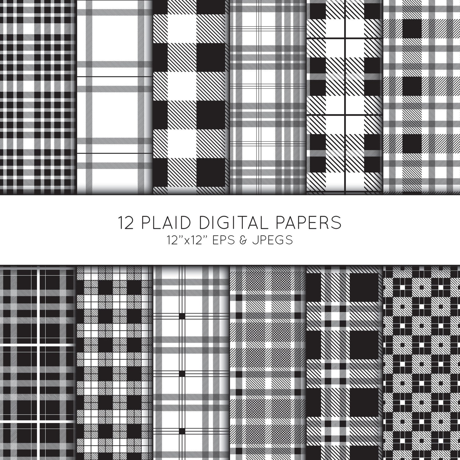 Plaid Digital Paper, Buffalo Plaid Scrapbook Paper, Black and White ...