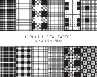 Black and White Plaids Digital Paper, Buffalo Plaid Lumberjack Check ...