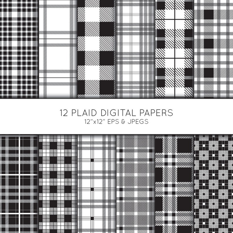 Plaid Digital Paper, Buffalo Plaid Scrapbook Paper, Black and White ...