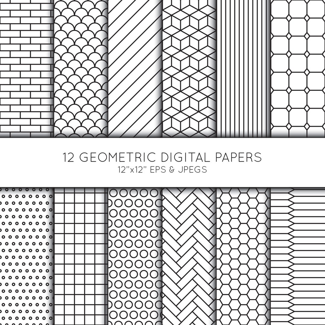 Geometric Digital Paper, Geometric Scrapbook Paper, Black and White ...