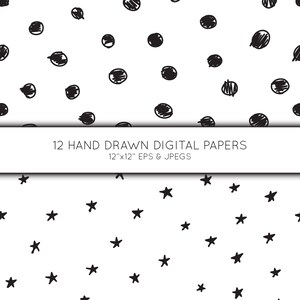 Hand Drawn Scrapbook Paper, Doodle Digital Paper, Black and White ...