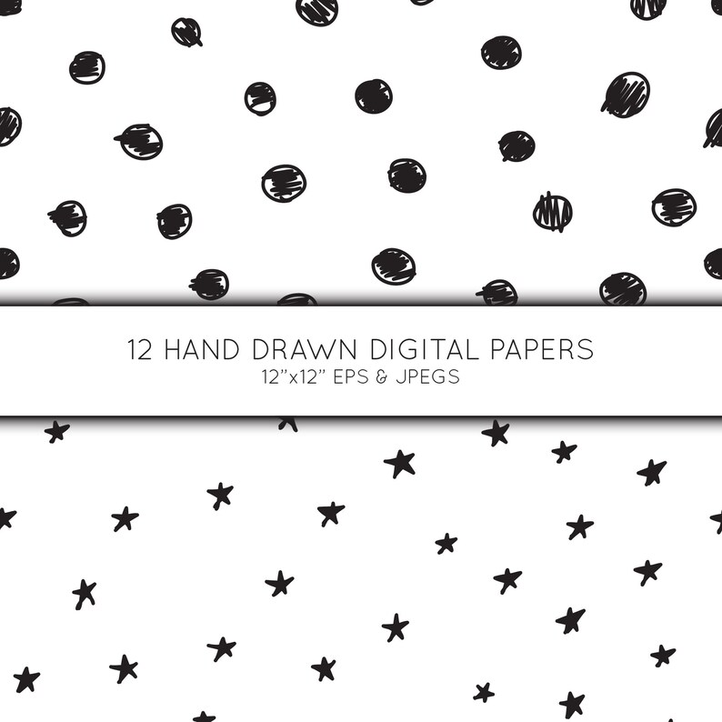 Hand Drawn Scrapbook Paper, Doodle Digital Paper, Black and White ...