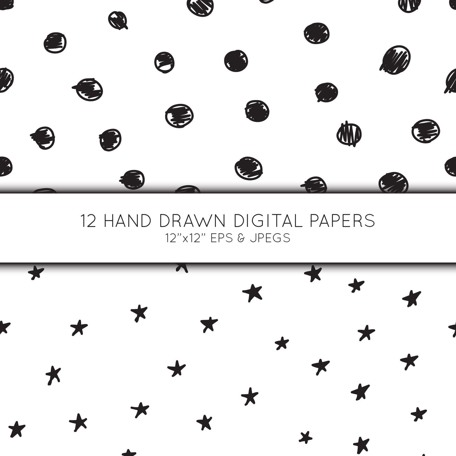 Hand Drawn Scrapbook Paper, Doodle Digital Paper, Black and White ...