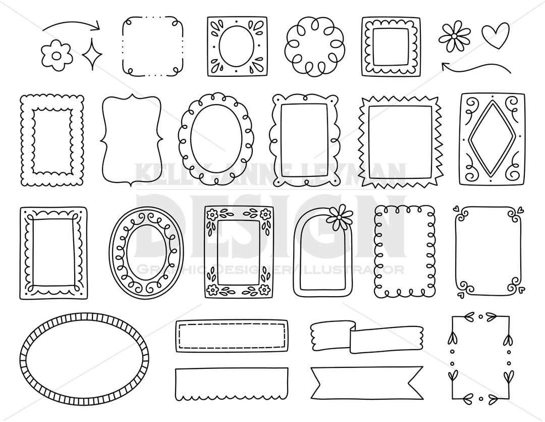 Digital Frames Clipart, Flower Doodle Frames Clipart, Hand Drawn Frames ...