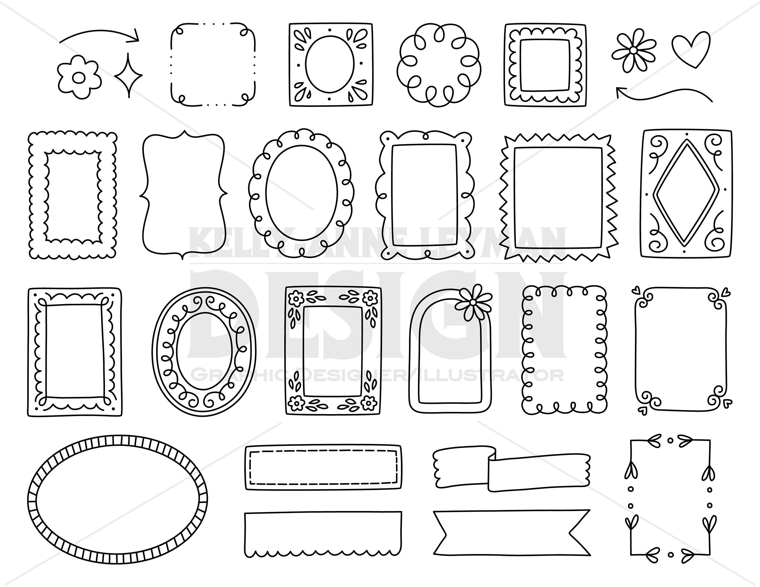Digital Frames Clipart, Flower Doodle Frames Clipart, Hand Drawn Frames ...