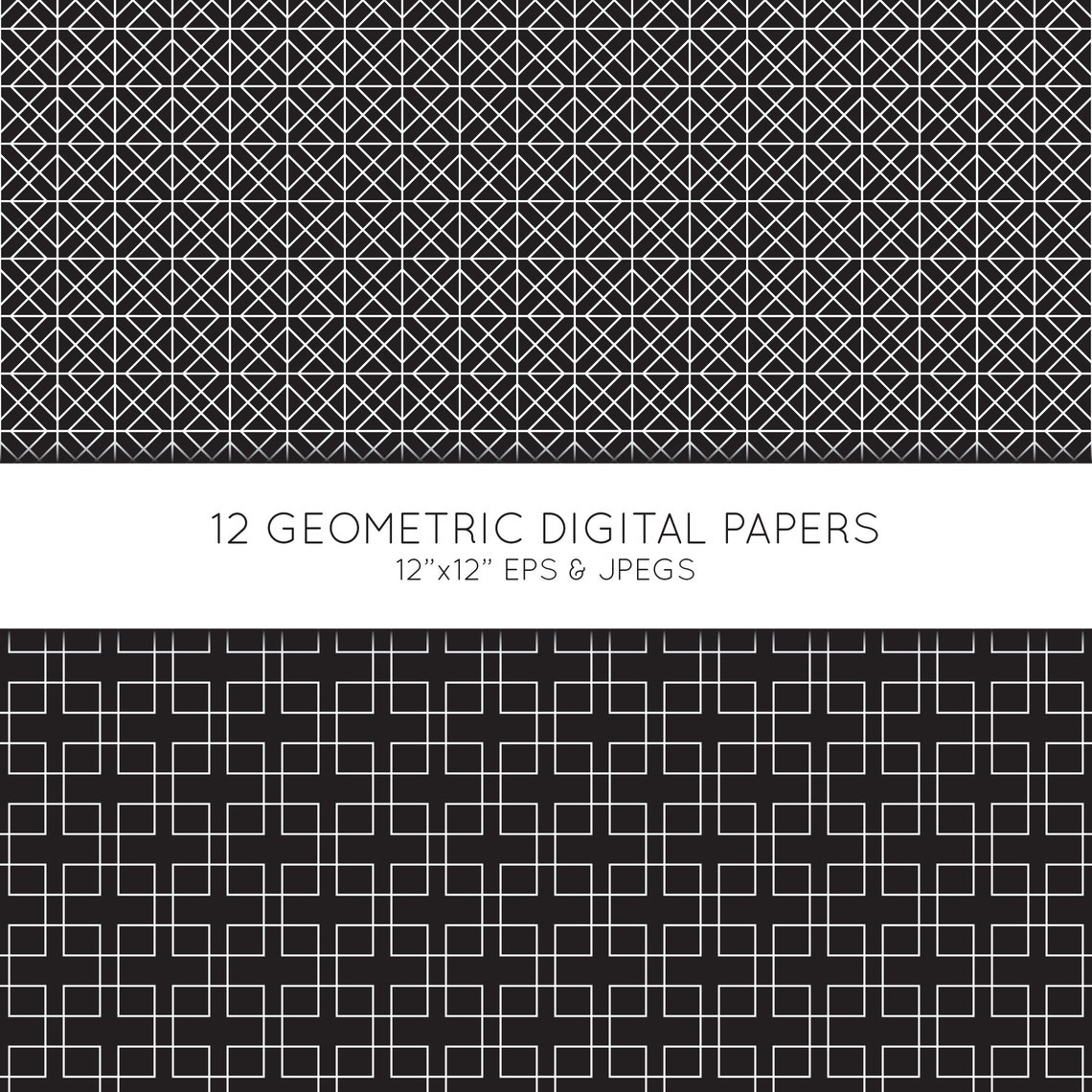 Geometric Digital Paper, Geometric Scrapbook Paper, Black and White ...