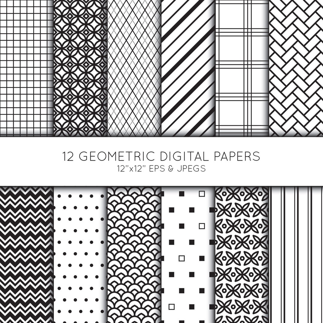 Geometric Digital Paper, Geometric Scrapbook Paper, Black and White ...