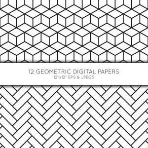 Geometric Digital Paper, Geometric Scrapbook Paper, Black and White ...