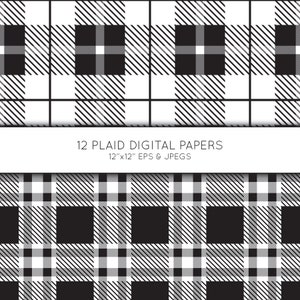 Plaid Digital Paper, Buffalo Plaid Scrapbook Paper, Black and White ...